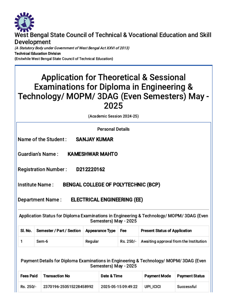 Examination Form Fillup Sem 6 | PDF