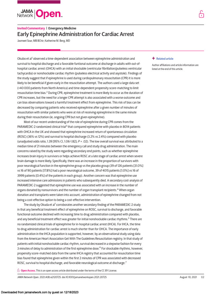 Early Epinephrine in Cardiac Arrest Outcomes | PDF | Cardiopulmonary ...
