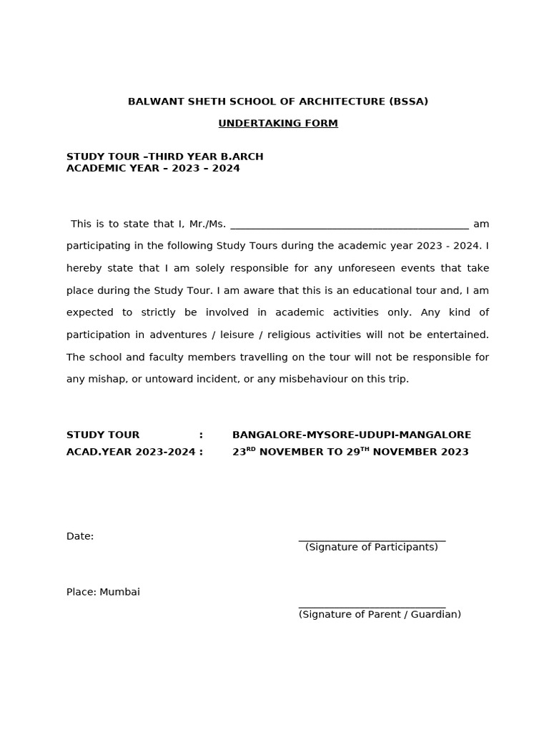 Study Tour Undertaking - 3rd Yr. 2 | PDF