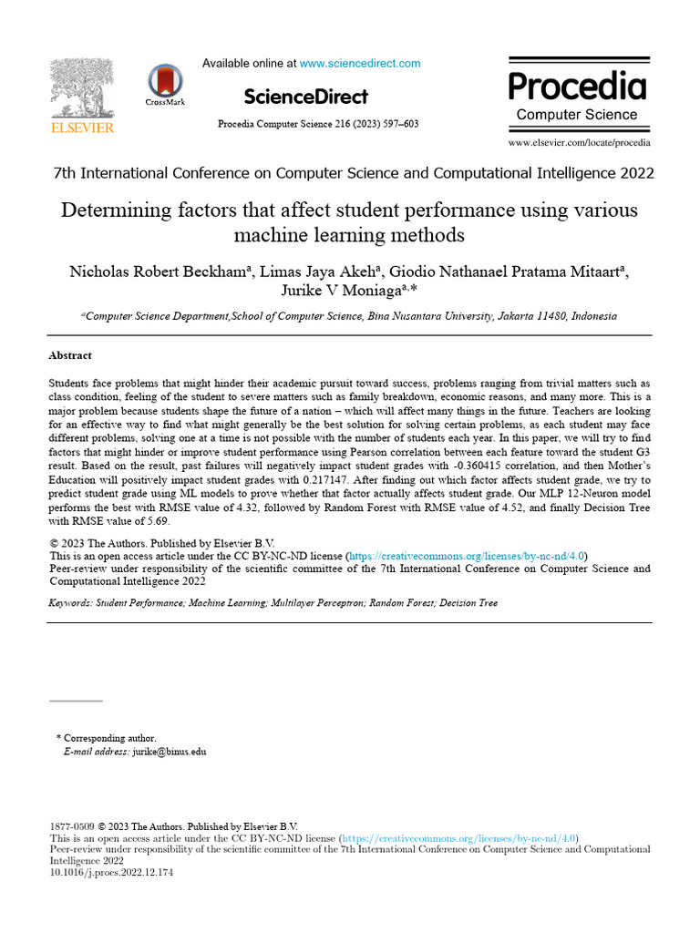 Determining Factors That Affect Student Performance Using Various | PDF | Machine Learning ...