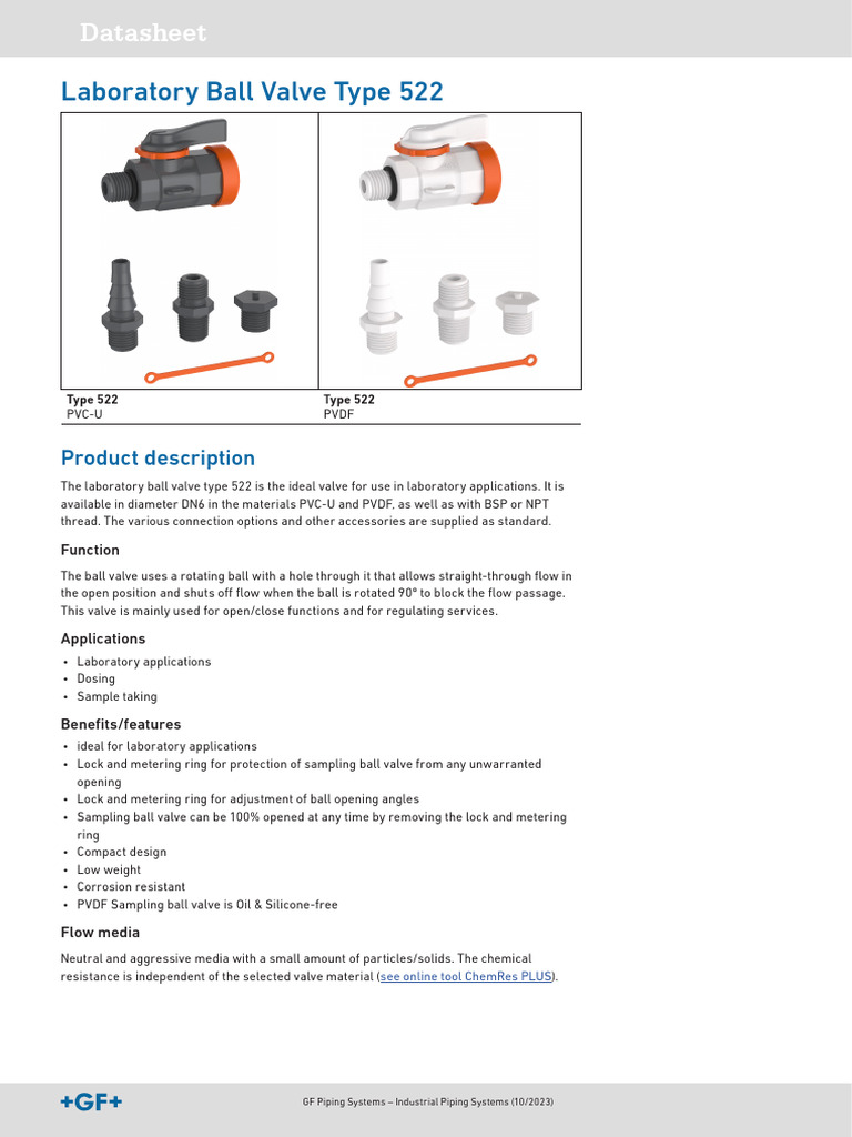 GF Laboratory Ball Valve Type 522 Datasheet | PDF | Valve | Mechanical ...