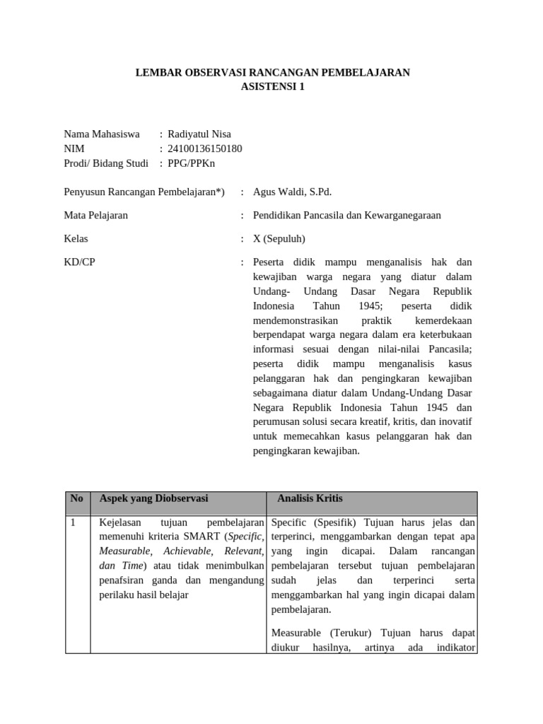 LK.3 Lembar Observasi Rancangan Pembelajaran - Asistensi Mengajar - Pertemuan 1 | PDF