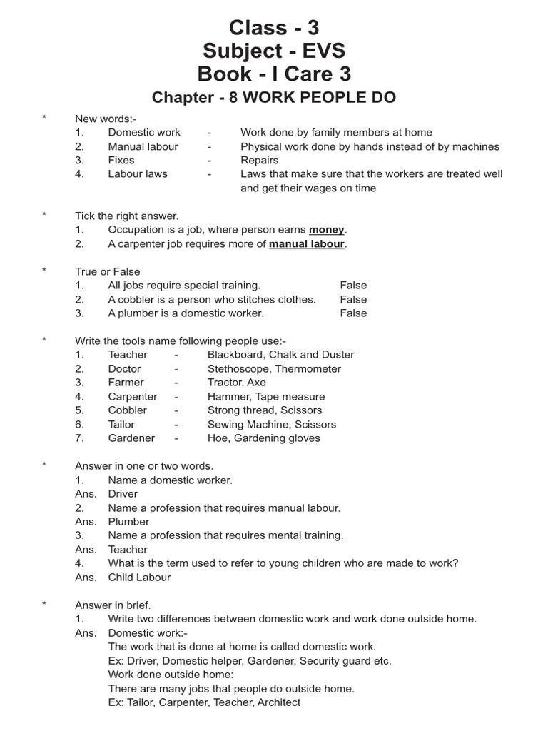 Class 3 Subject Evs Chapter 8 Work People Do | PDF | Domestic Worker | Labor