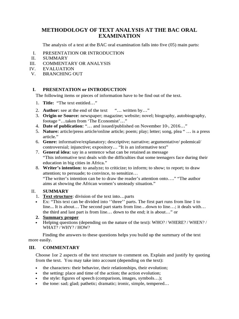 BAC Oral Exam Text Analysis Guide | PDF | Human Communication