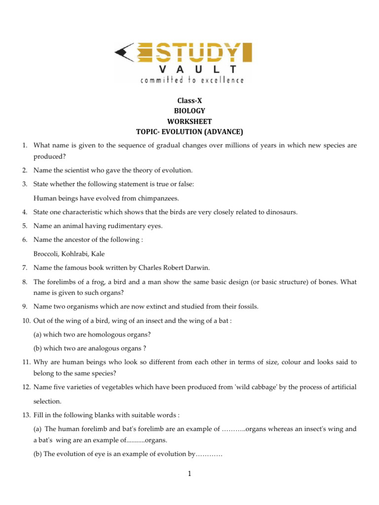 X - Evolution ADVANCE WORKSHEET | PDF | Evolution | Species