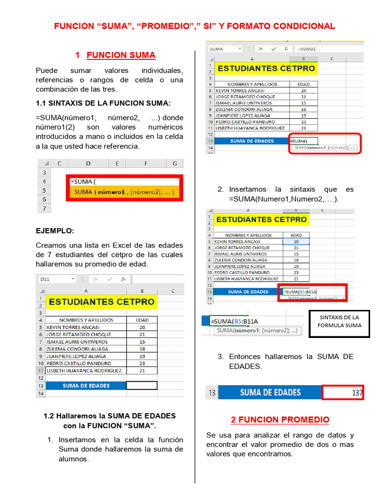 Funciones Excel: Suma, Promedio y SI | PDF