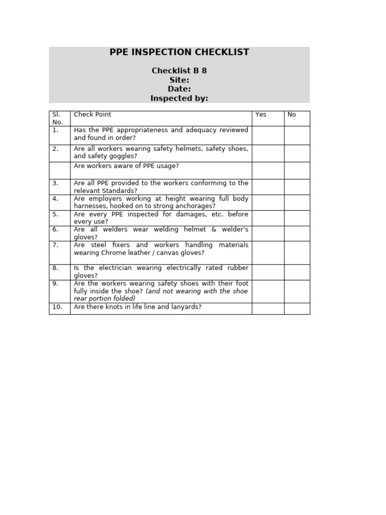Ppe Inspection Checklist | PDF