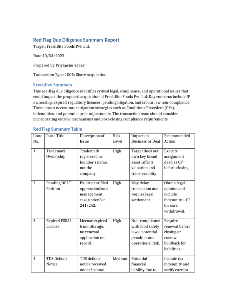 Red Flag Due Diligence Report | PDF | Mergers And Acquisitions | Due ...