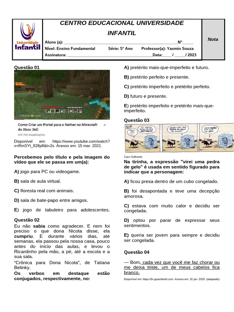 Av3 - Língua portuguesa - 5º ano (2ª unidade) | PDF