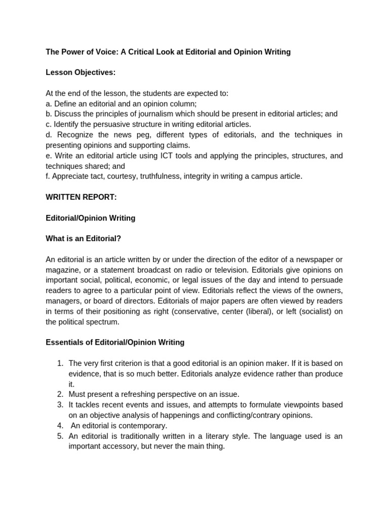 Eng19 - Editorial - Opinion - Written Report | PDF | Argument | Journalism
