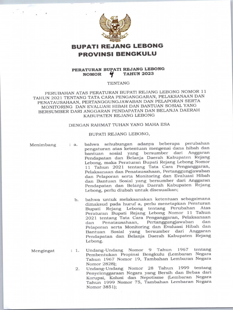 Perubahan Perbup Rejang Lebong 2023 | PDF