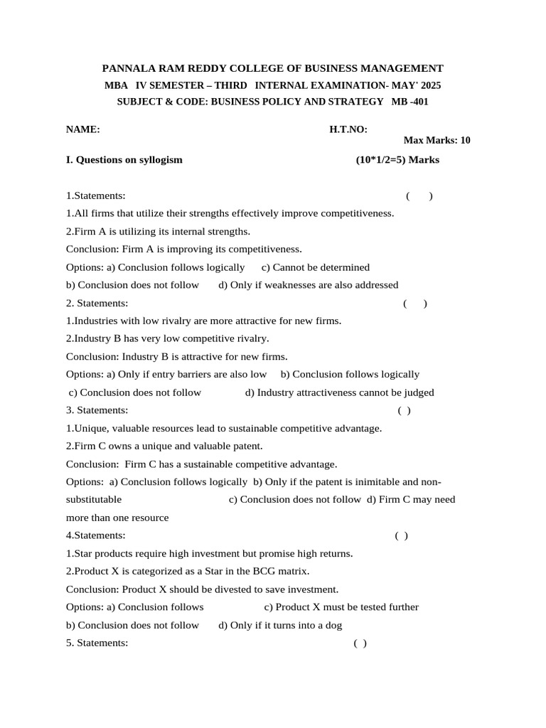 BPS 3rd Internal Paper | PDF | Strategic Management | Strategic Planning
