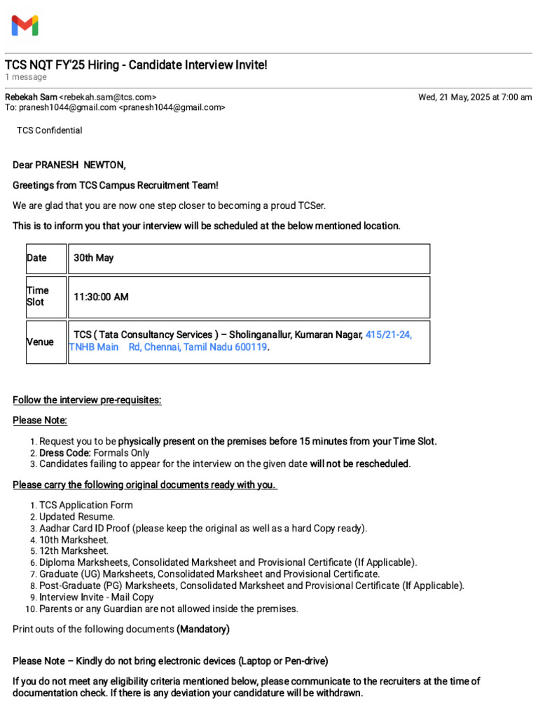 Gmail - TCS NQT FY'25 Hirterview Invite! | PDF | Academic Degree