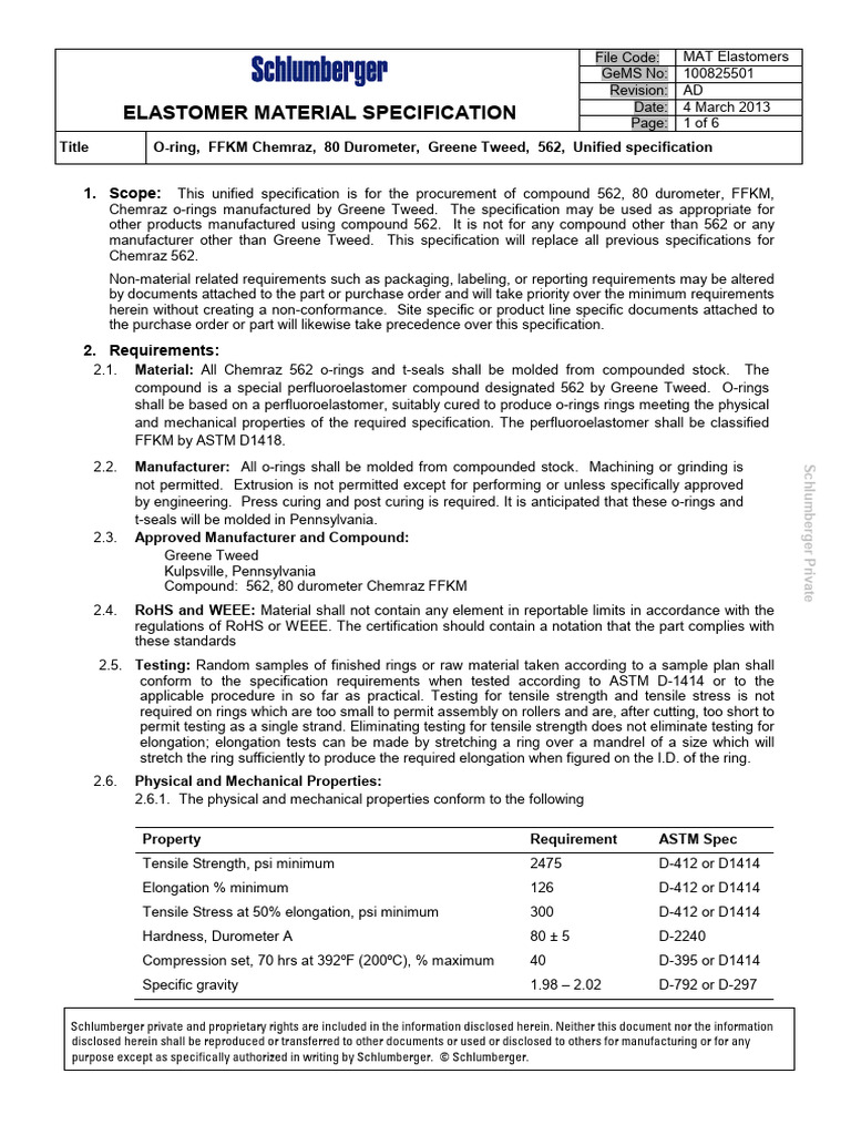 O-Ring FFKM Chemraz 80 Durometer Greene Tweed 562 Unified Specification AD | PDF | Specification ...