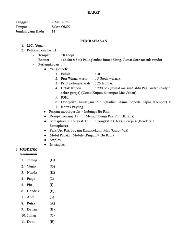 Notulensi Rapat - Hut Paroki | PDF