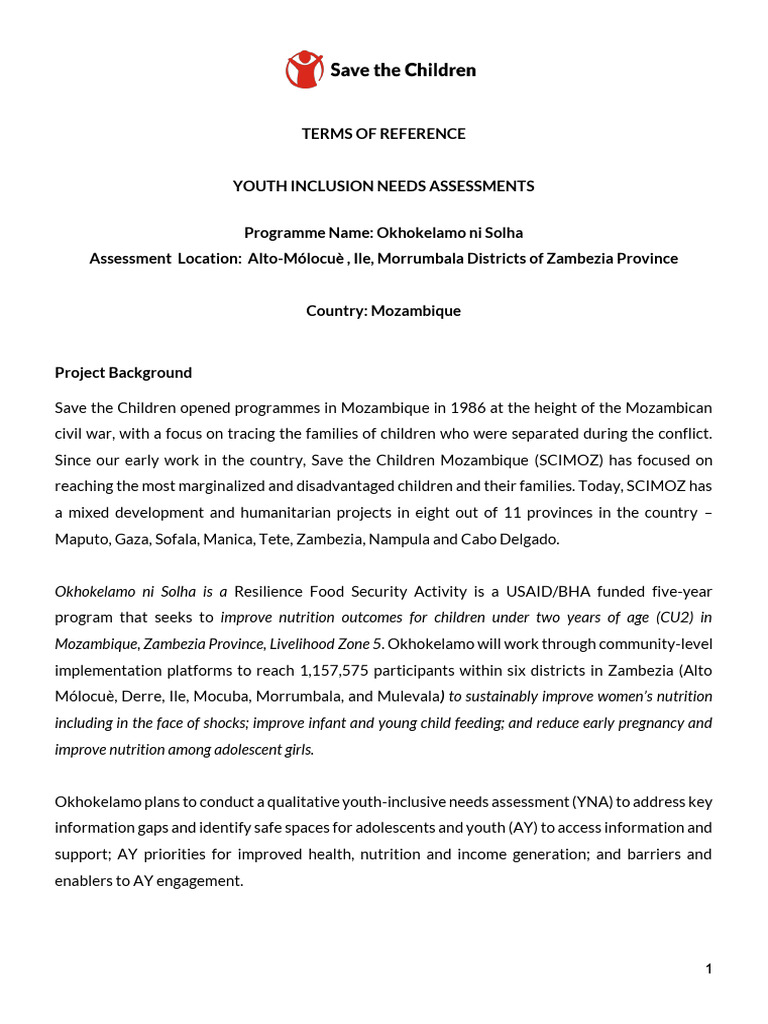 TOR For Youth Needs Analysis - Final | PDF | Methodology | Evaluation