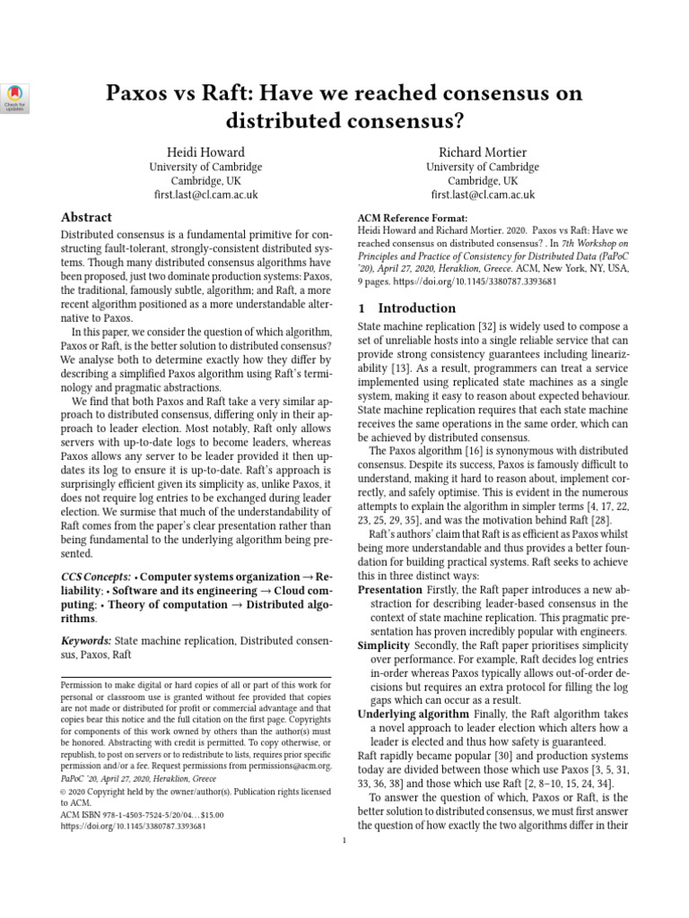 Paxos vs Raft：Have we reached consensus on distributed consensus？ | PDF | Computing | Computer ...