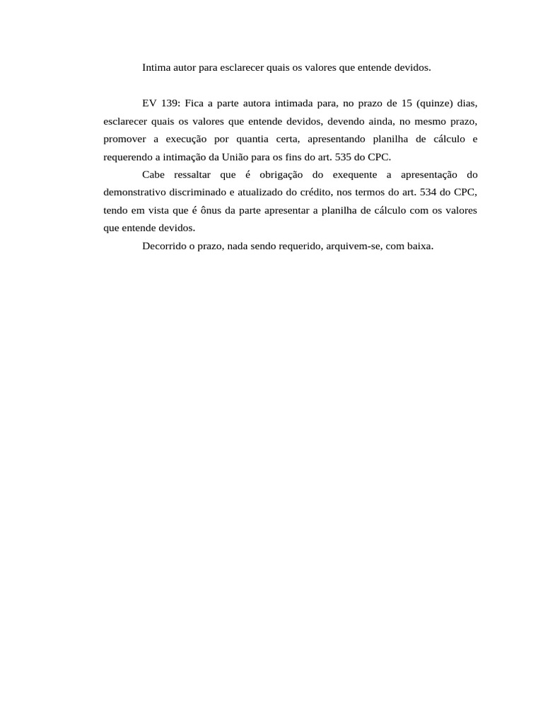 Intima Exequente Para Esclarecer Quais Os Valores Que Entende Devidos - 22VF | PDF