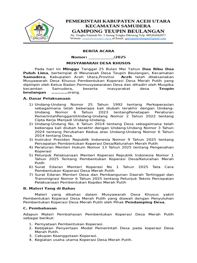 Berita Acara Kopdes Tpbeulanan | PDF