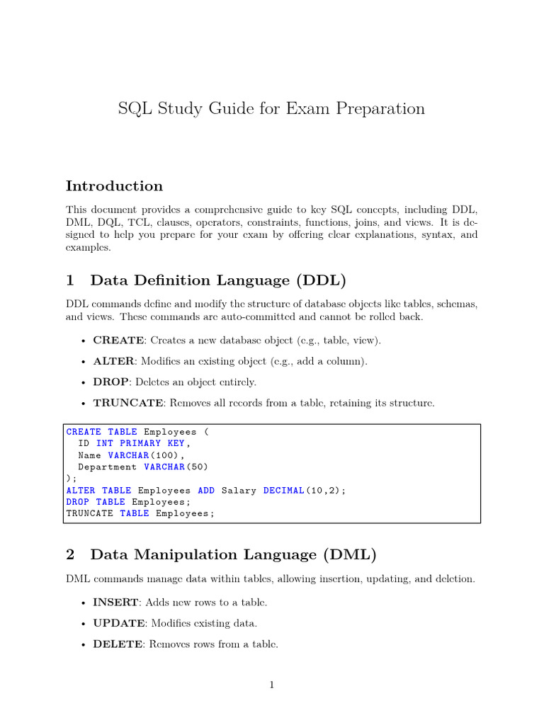 SQL Study Guide For Exam Preparation: Create Alter Drop Truncate | PDF | Data | Information ...