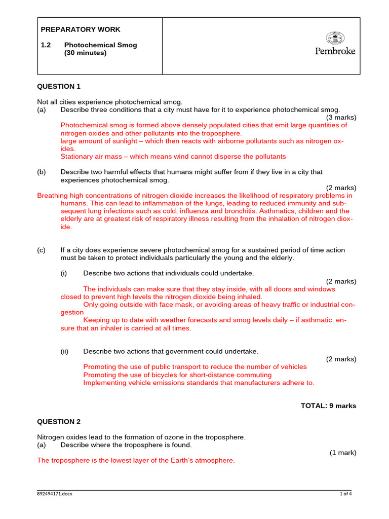1.2 Photochemical Smog 2023 SOLUTIONS | PDF | N Ox | Ozone