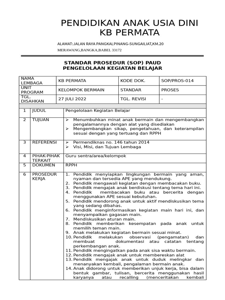 14 Sop Paud Pengelolaan Kegiatan Belajar | PDF