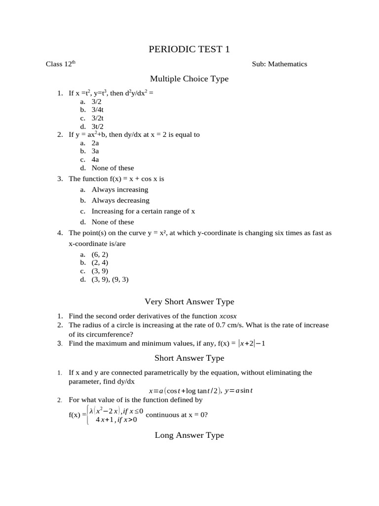 Calculus Derivatives and Functions Test | PDF