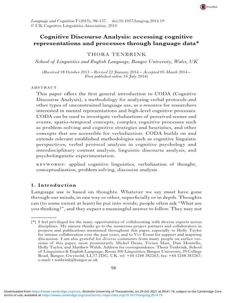 Cognitive Discourse Analysis Accessing Cognitive Representations and Processes Through Language ...