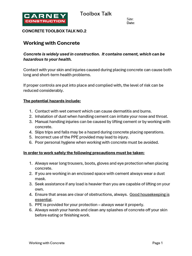 Working With Concrete - Toolbox Talk 02 | PDF