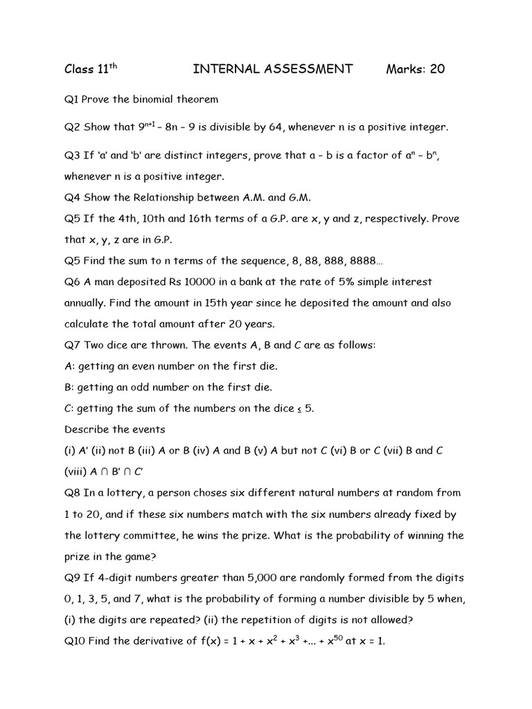 Class 11th Internal Assessment IMI 2024 | PDF