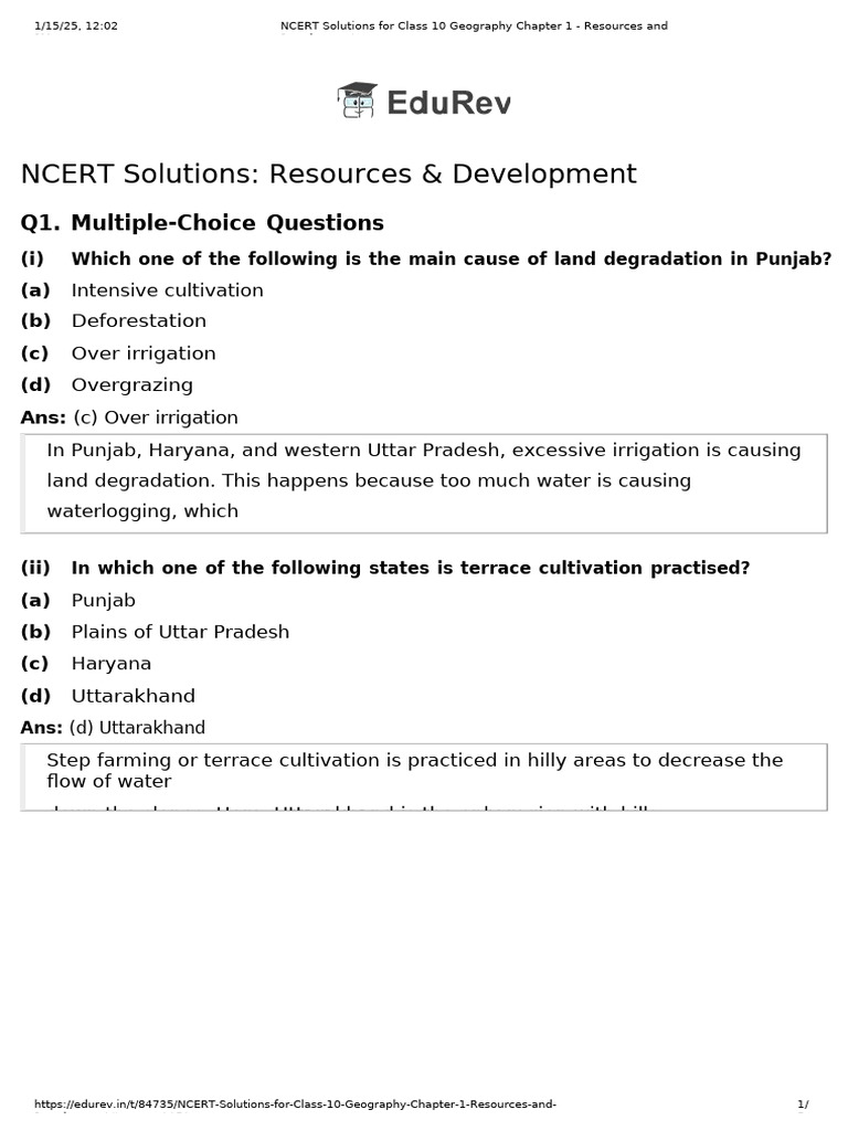 NCERT Solutions For Class 10 Geography Chapter 1 - Resources and ...