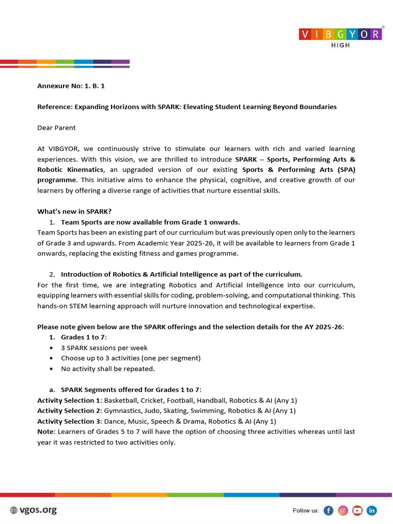 Annexure 1. B. 1 Expanding Horizons With SPARK-Elevating Student Learning Beyond Boundaries ...