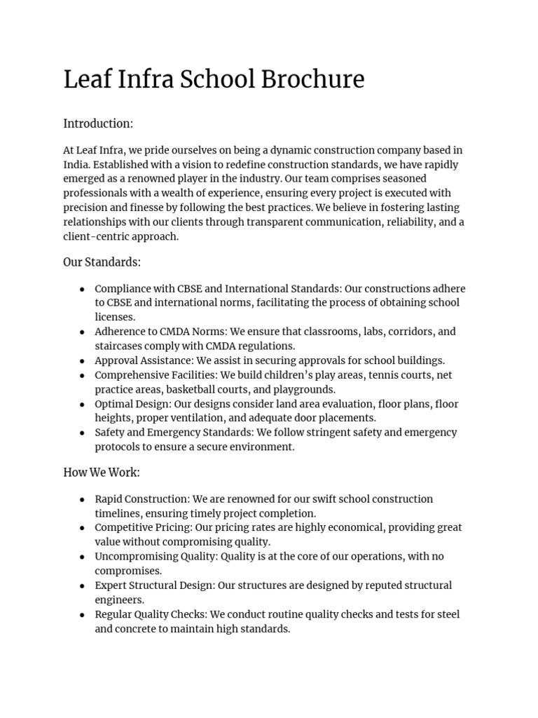 Leaf Infra School Brochure | PDF | Safety