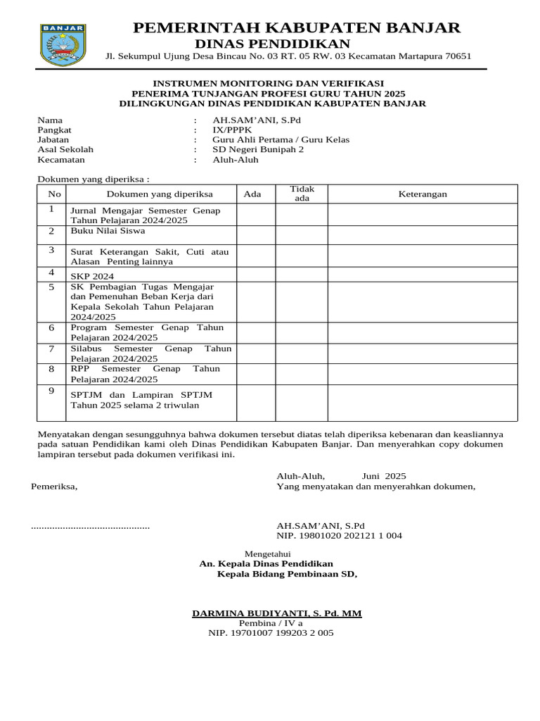 Instrumen Monev Sertifikasi Untuk Guru 2025 | PDF
