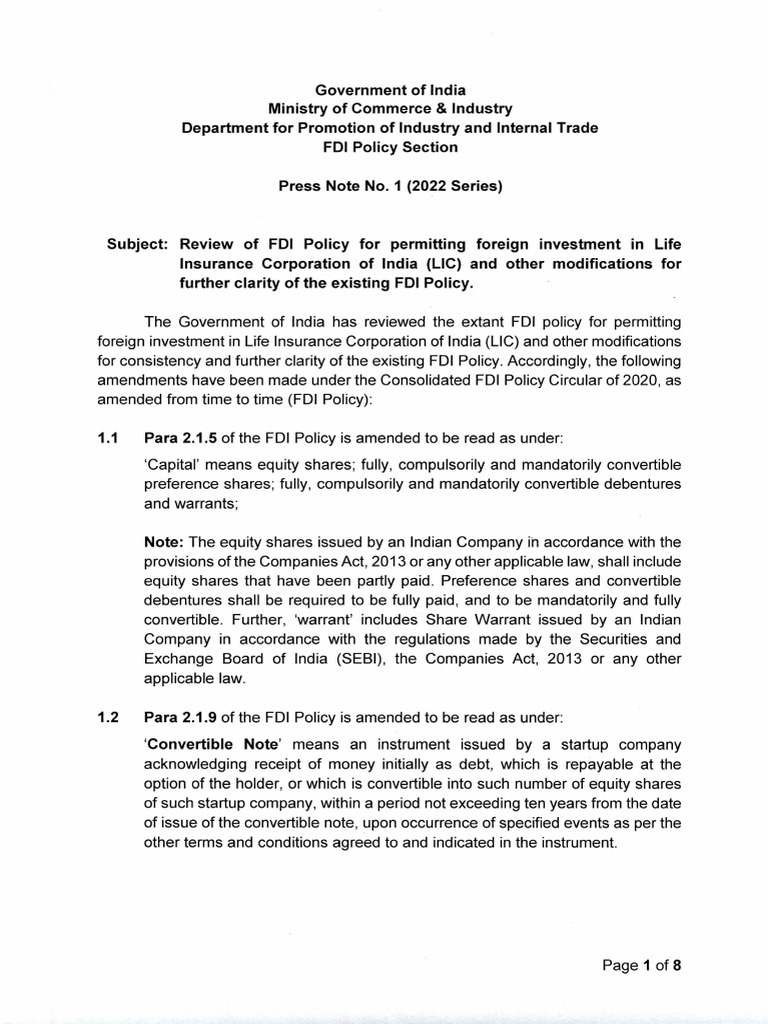 Press Note 1 2022 14march2022 | PDF | Insurance | Foreign Direct Investment