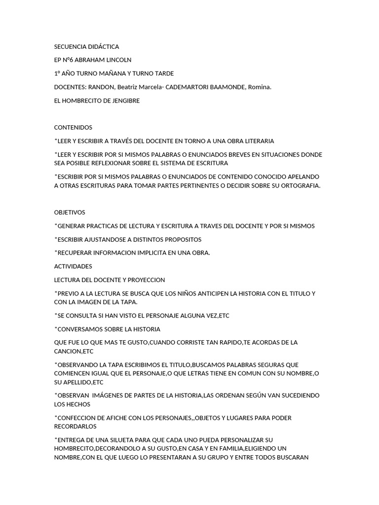 SECUENCIA DIDACTICA EP6 Hombrecito de Jengibre | PDF