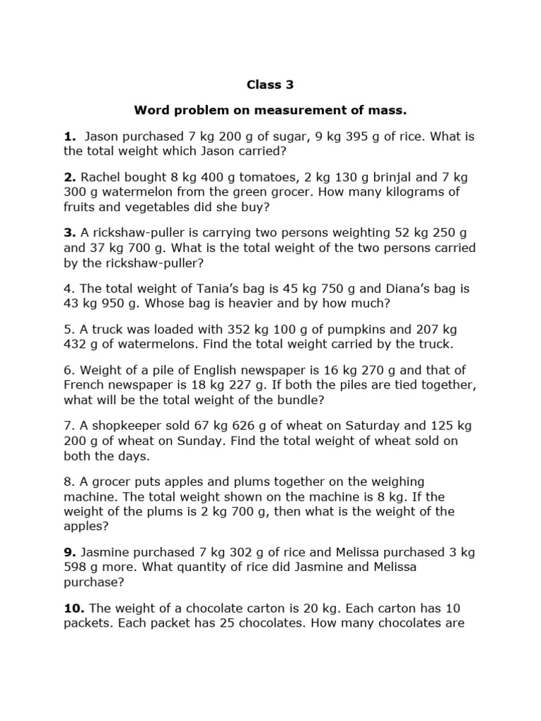Measurement of Mass Word Problems | PDF | Weight | Candy