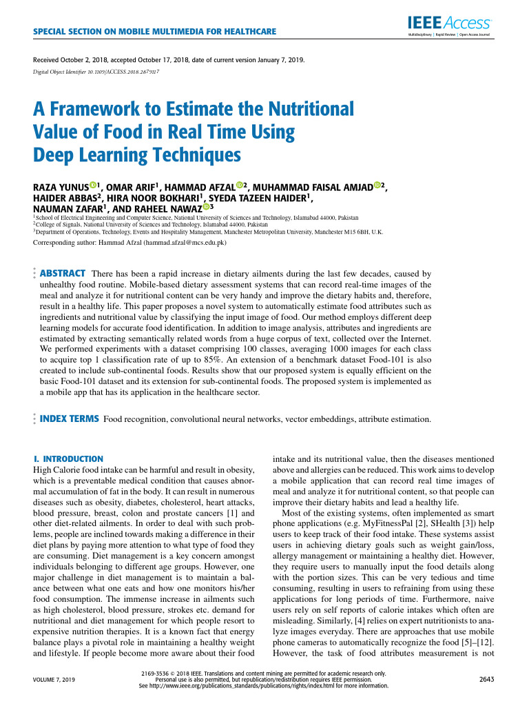 A Framework To Estimate The Nutritional Value of Food in Real Time Using Deep Learning ...