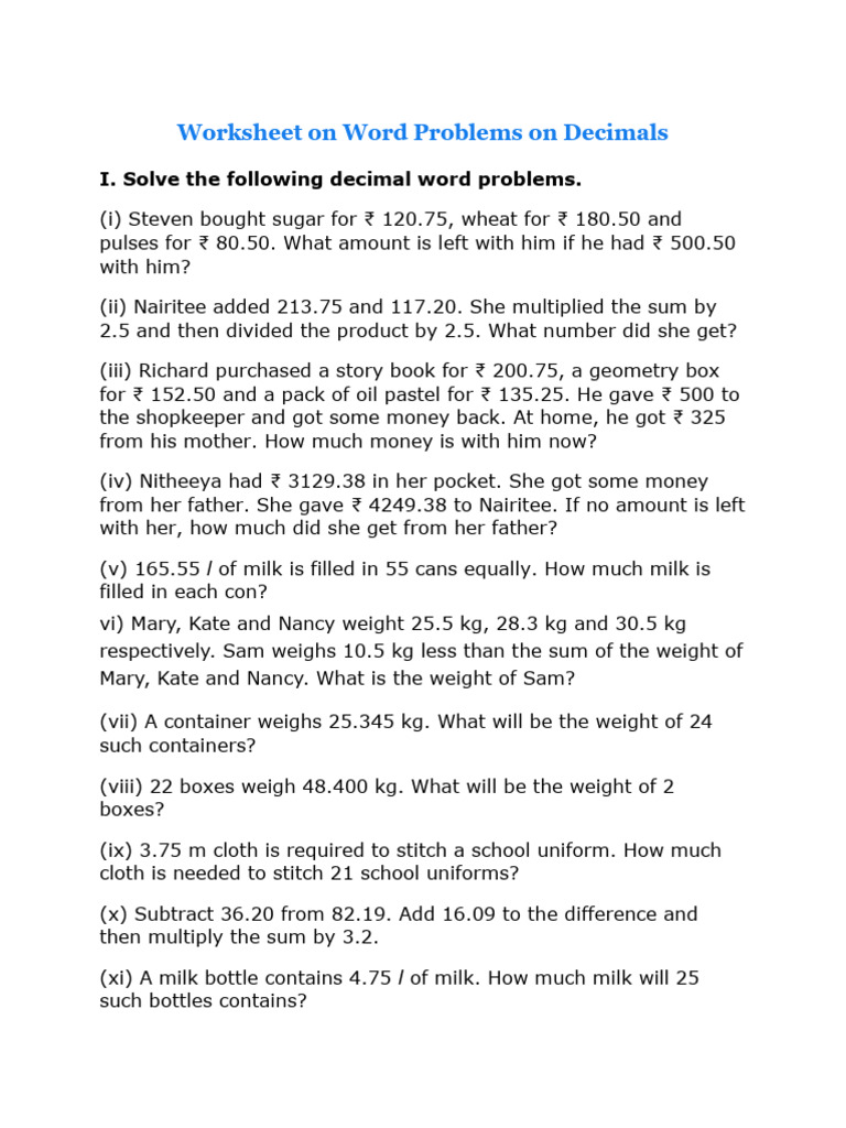 Decimals Word Problem Worksheet | PDF