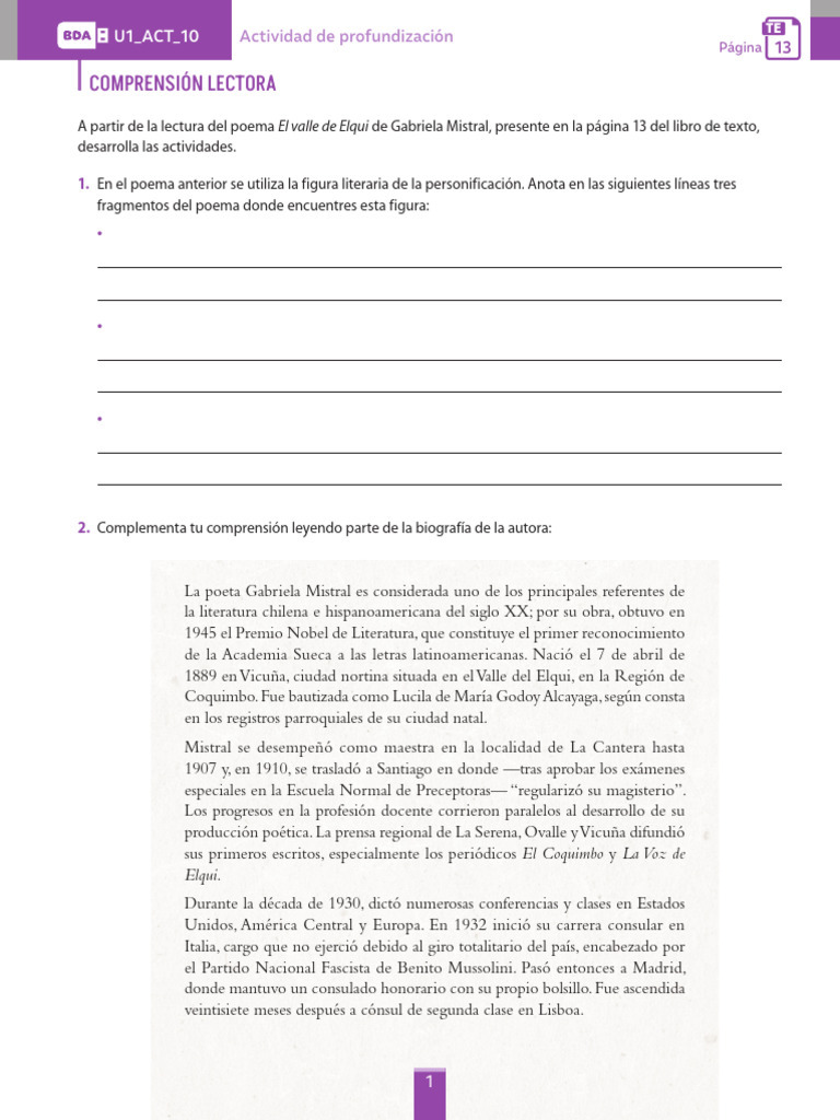 Comprensión El Valle de Elqui. U1 - ACT - 10 | PDF