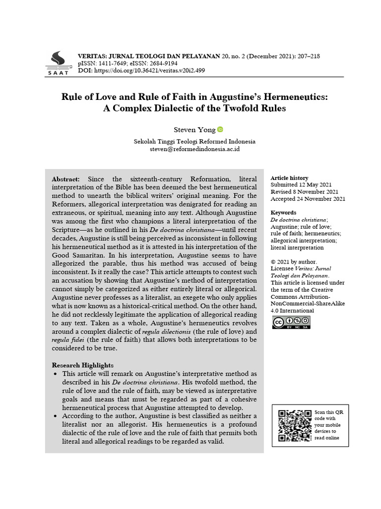Rule of Love and Rule of Faith in Augustine's Hermeneutics - A Complex ...