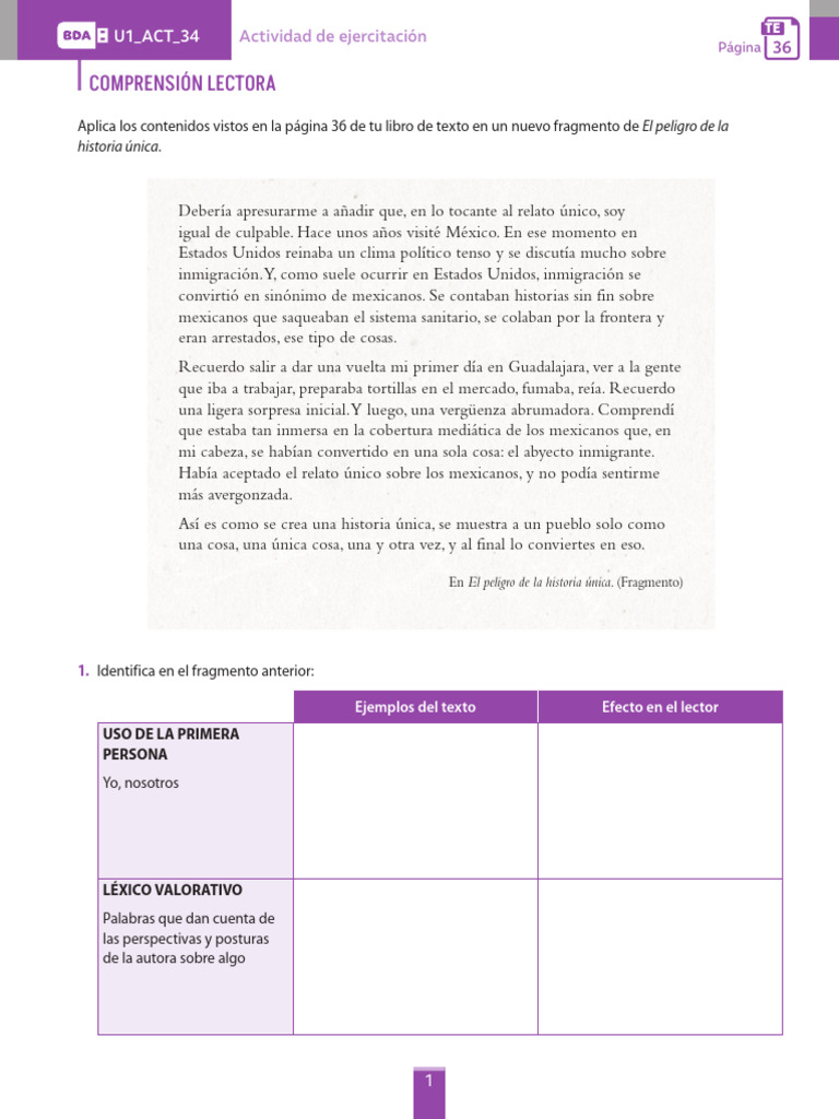 El peligro de la historia única. U1_ACT_34 | PDF