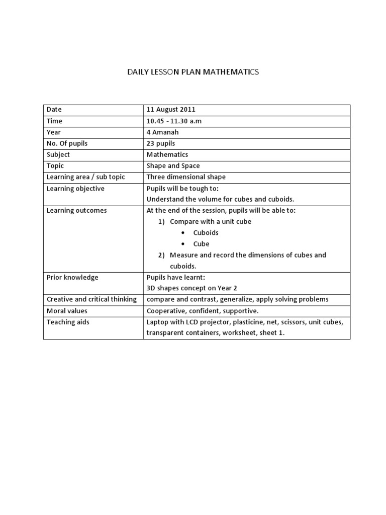 Daily Lesson Plan Mathematics | PDF | Lesson Plan | Educational Psychology