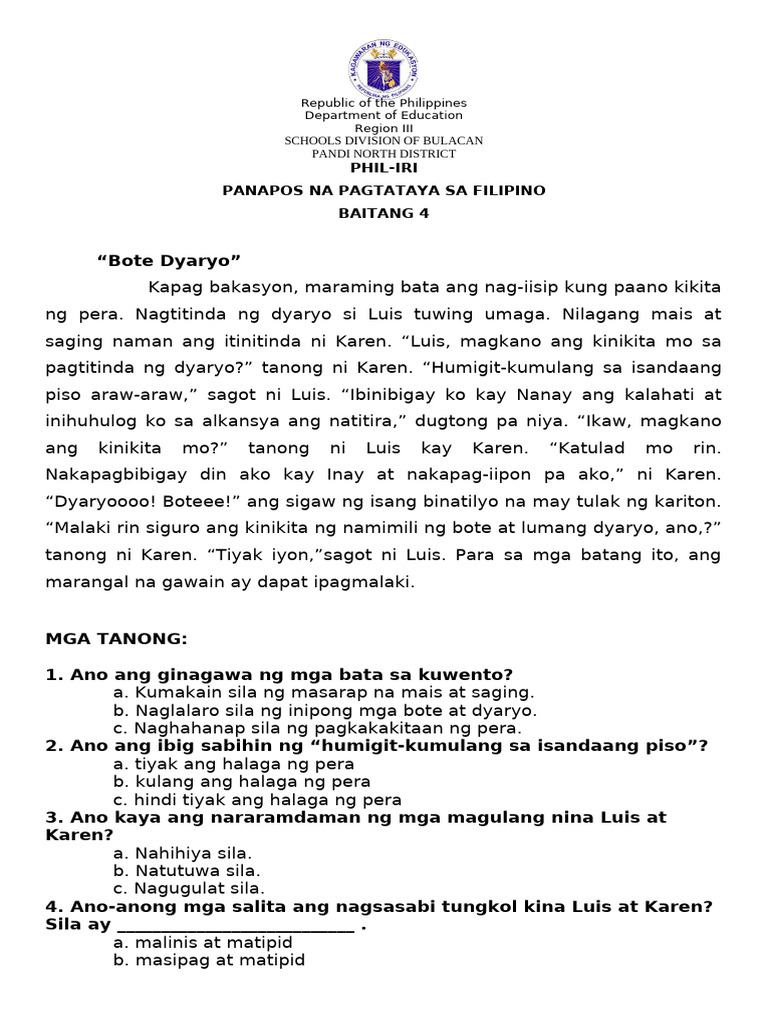 PANAPOS-NA-PAGTATAYA-SA-FILIPINO-4-2 | PDF