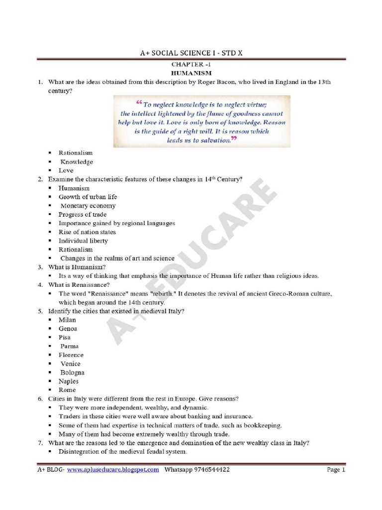 A+ Blog SSLC Social Science Chapter 1 Humanism Questions and Answers ...