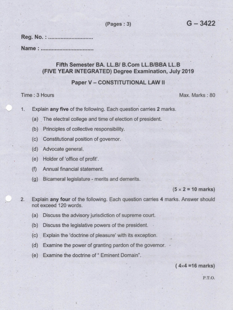 Constitutional Law 2 Previous Question Paper | PDF