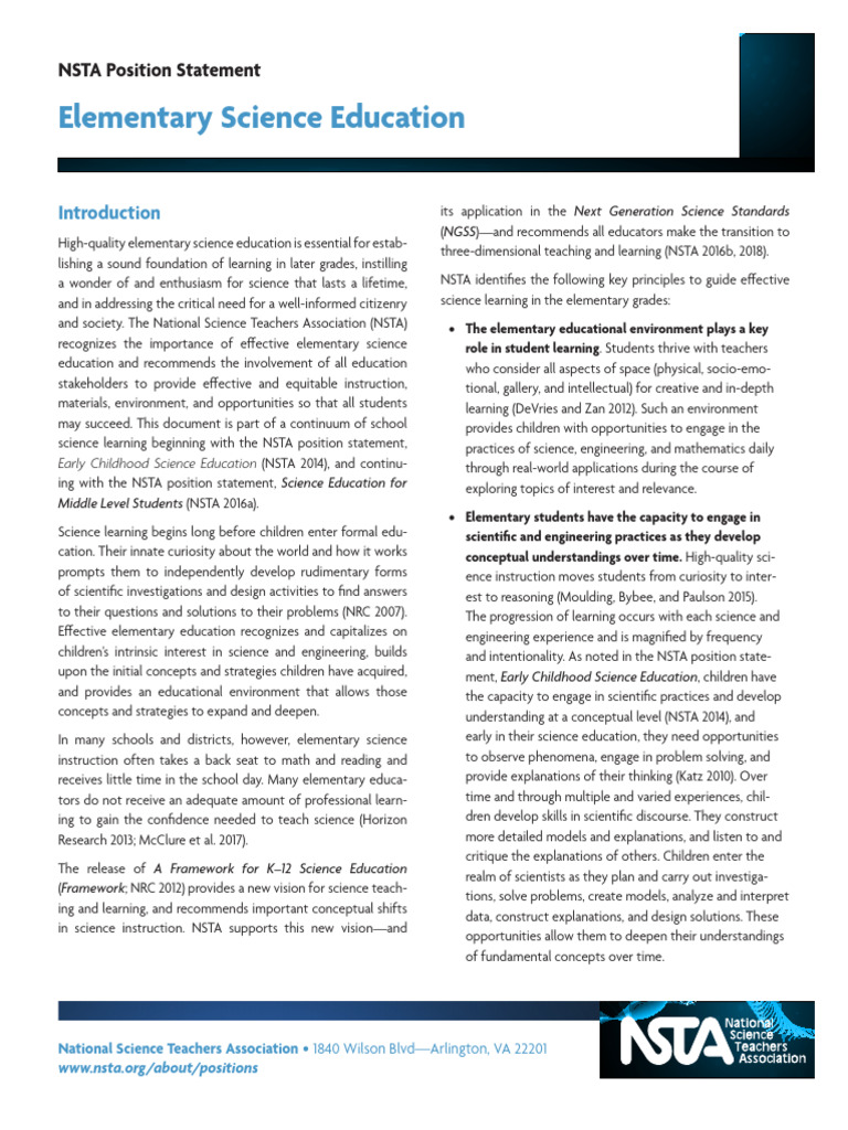 NSTA PositionStatement Elementary | PDF | Science | Teachers
