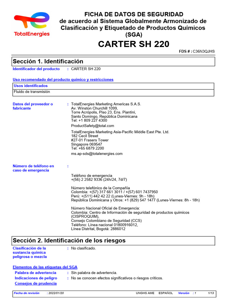 MSDS Total Carter SH 220 (Pao) | PDF | Residuos | Agua