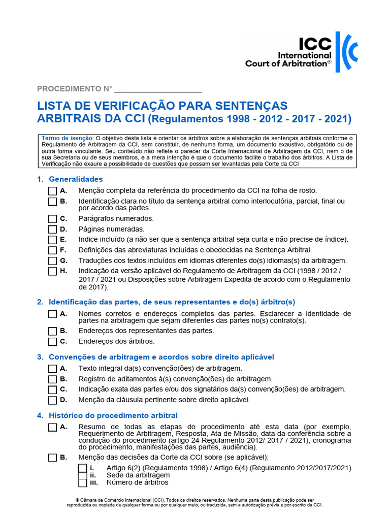 Icc Award Checklist Portuguese 3 | PDF | Arbitragem | Sentença (jurídico)