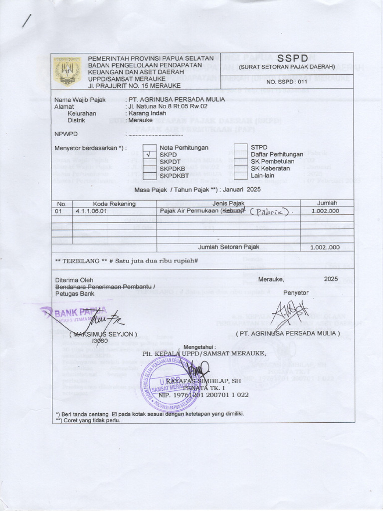 SSPD, SKPD, Tanda Bukti Penerimaan Ajak Air Permukaan Apm Pabrik Januari 2025 | PDF